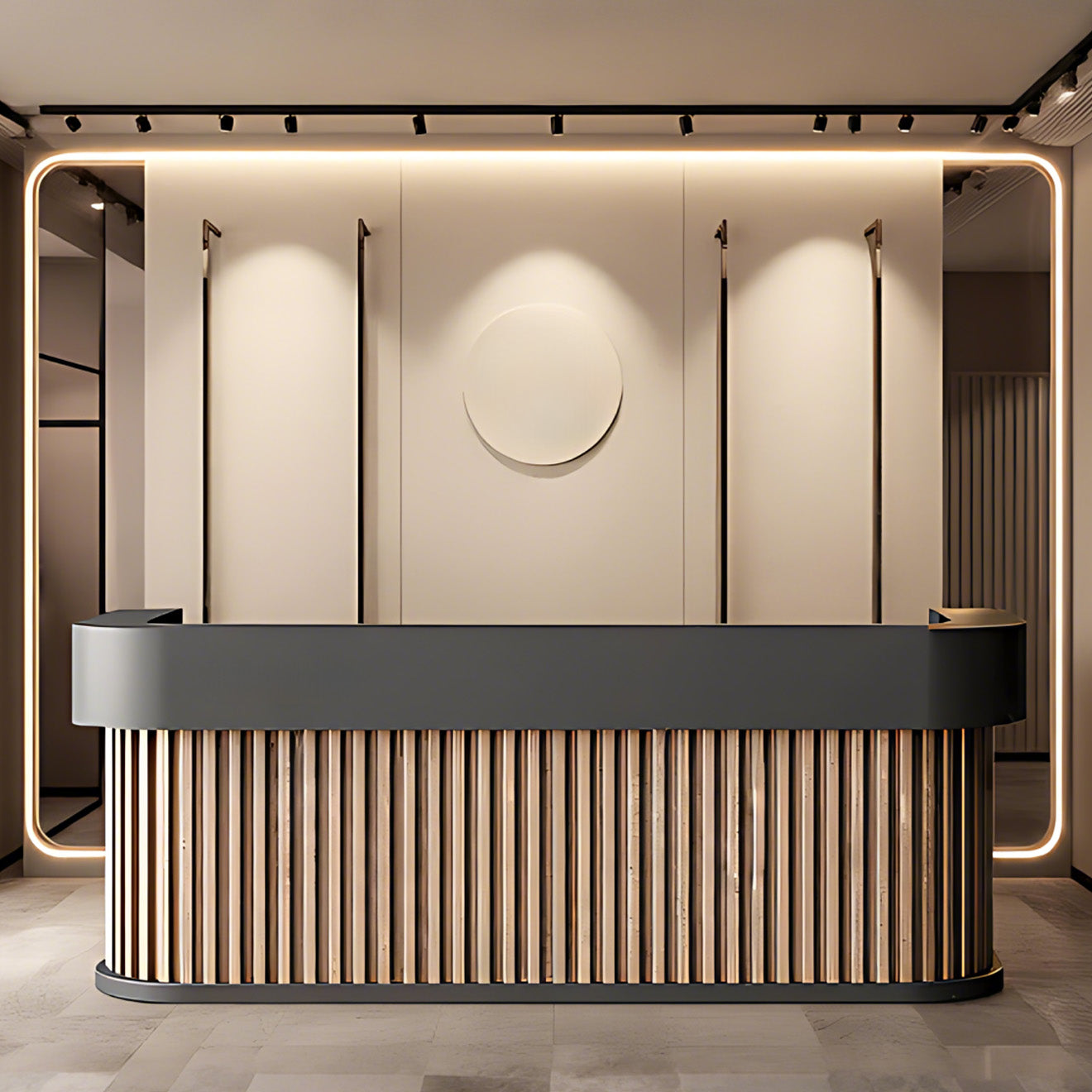 Designer Reception Desk with Textured Timber Finish – Panfae Office ...